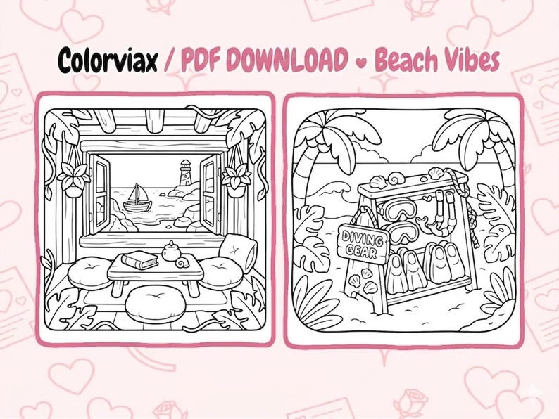 Beach Vibes Coloring Book, Kawaii Summer Scenes, Bold Lines (PDF ...