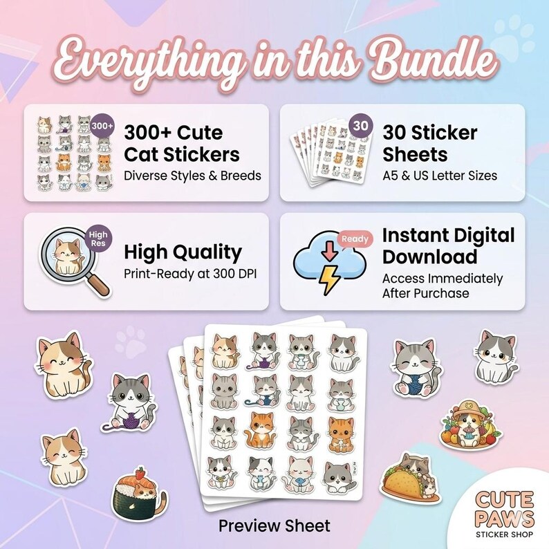 Kawaii Cat Stickers Bundle, Cat Stickers Pack, Cat Sticker Template ...