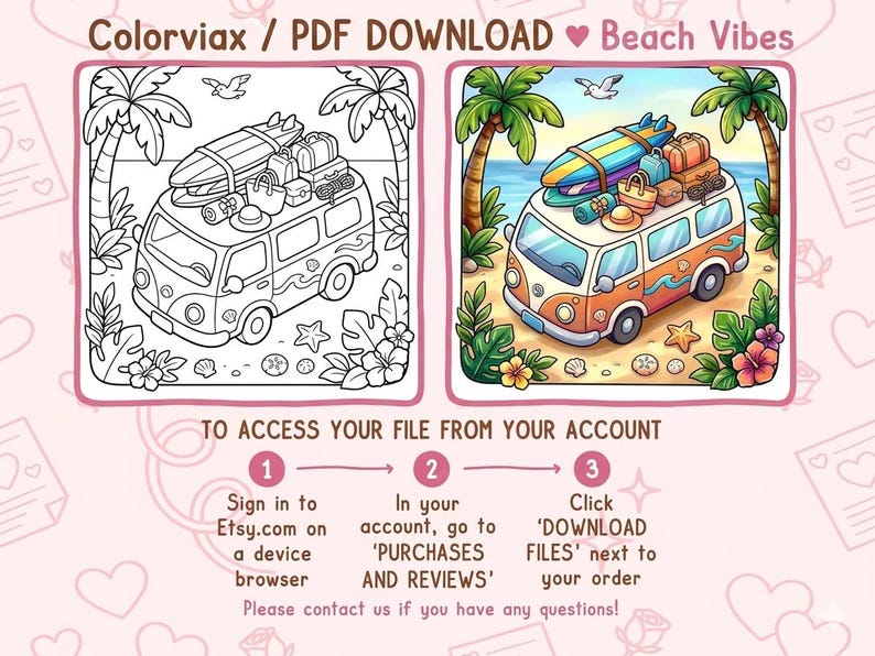 Beach Vibes Coloring Book, Kawaii Summer Scenes, Bold Lines (PDF ...