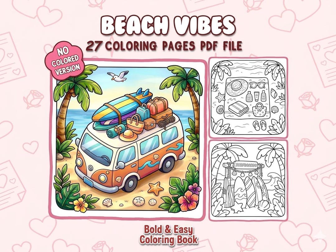 Beach Vibes Coloring Book, Kawaii Summer Scenes, Bold Lines (PDF ...