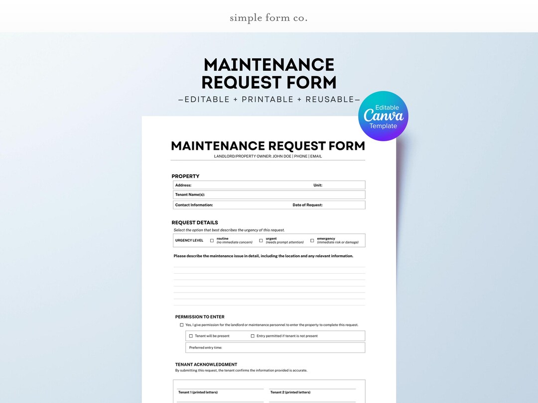Maintenance Request Form Template | Editable Canva Document for ...