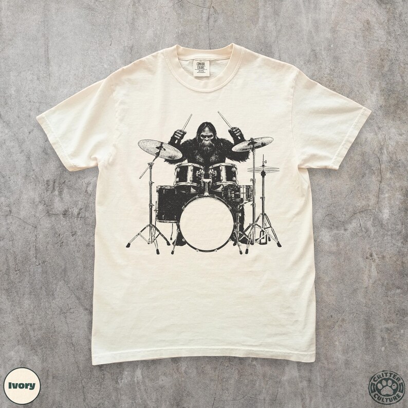 Bigfoot Drummer Vintage T-shirt, Funny Sasquatch Playing Drums Tee ...