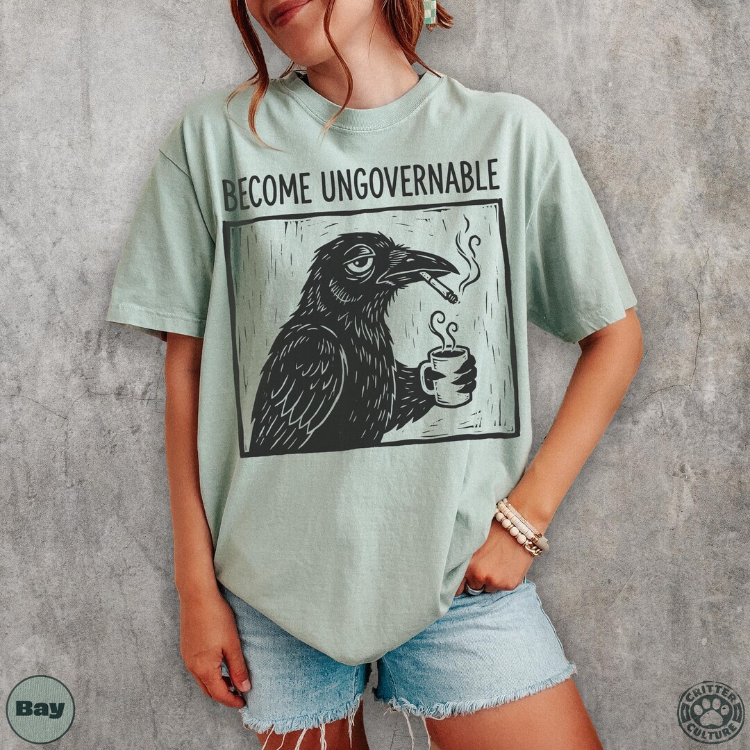 Become Ungovernable Crow Linocut T-shirt, Retro Bird Graphic Tee ...