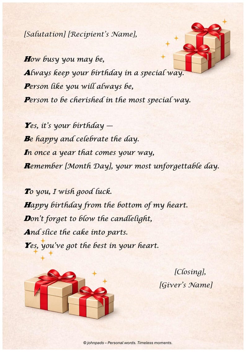 Personalized Birthday Poem Printable | HAPPY BIRTHDAY Acrostic | Custom ...