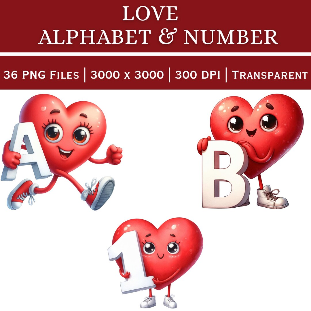Love Alphabet Letters & Numbers PNG A to Z and 0 to 9 | Romantic Heart ...