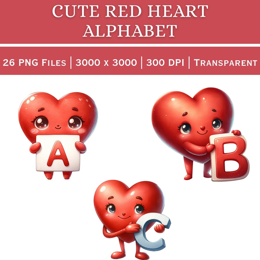 Red Heart Character Alphabet PNG A to Z | Cute Love Letter Set for ...