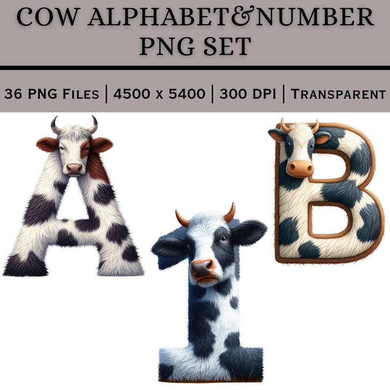 Cow Alphabet PNG A to Z | Numbers 0-9 | Farm Animal Letter Set for ...