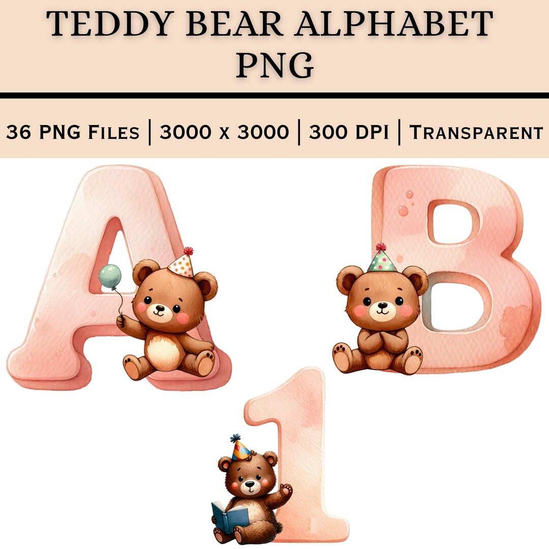 Teddy Bear Alphabet PNG – Pastel Nursery Letters & Numbers (digital ...