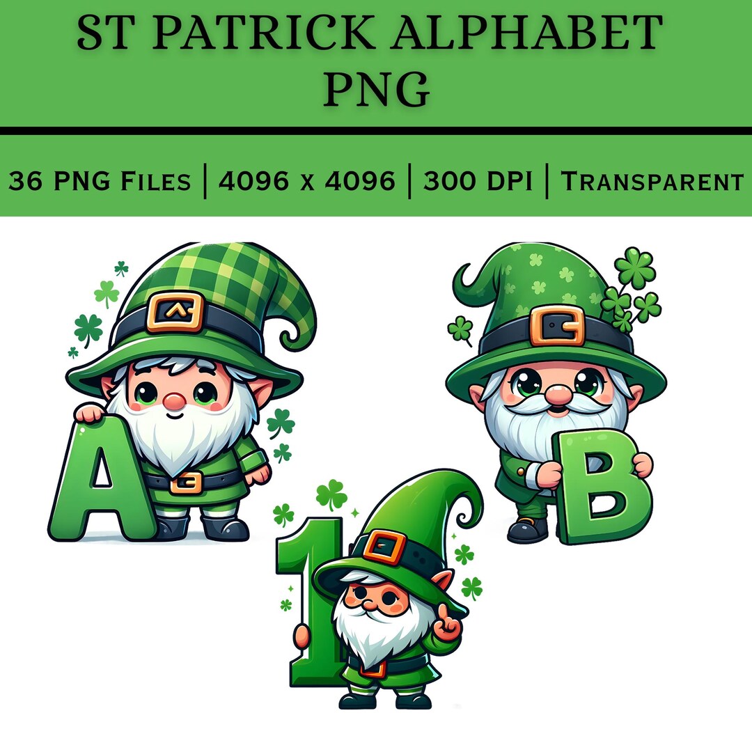 St Patrick Glyphs PNG A–Z Plus 0–9 | Clover Holiday Learning Set ...