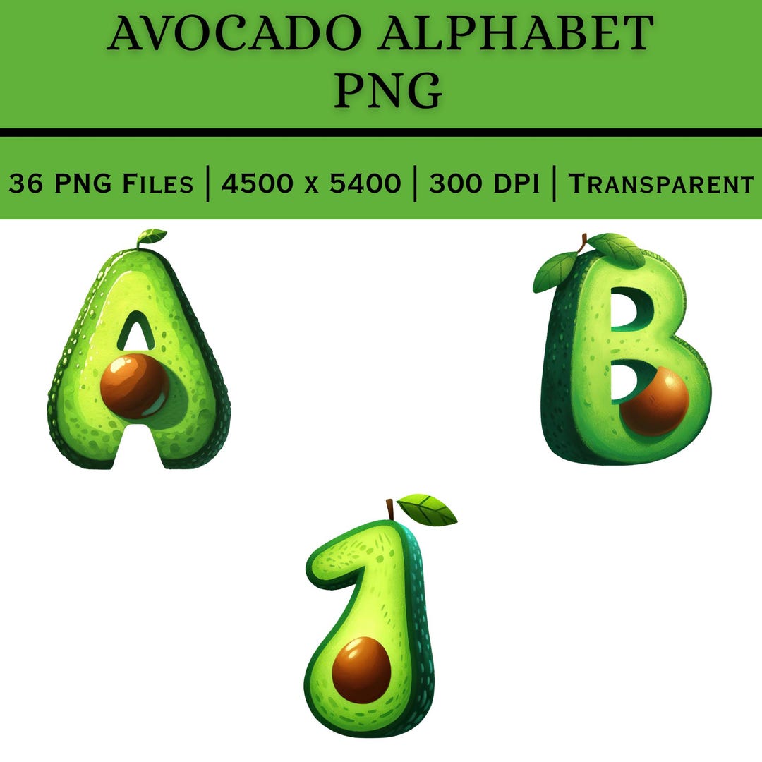 Avocado Alphabet PNG A–Z Plus 0–9 | Food Theme Letters | Learning Set ...