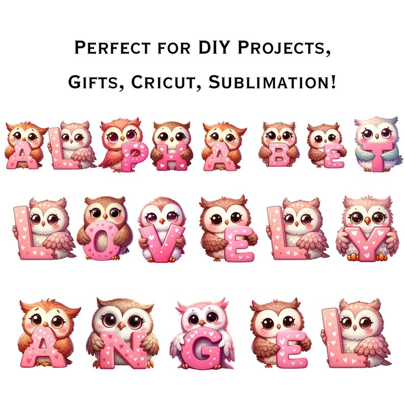 Love Heart Owl Alphabet & Numbers PNG A to Z and 0 to 9 | Cute ...