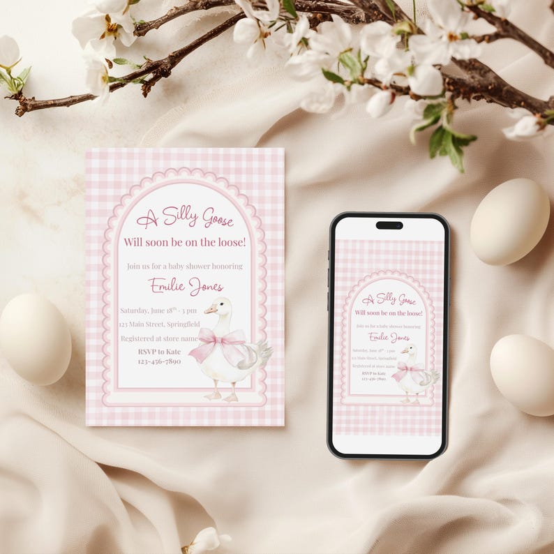 Silly Goose Baby Shower Invitation Template, Editable Printable Pink ...
