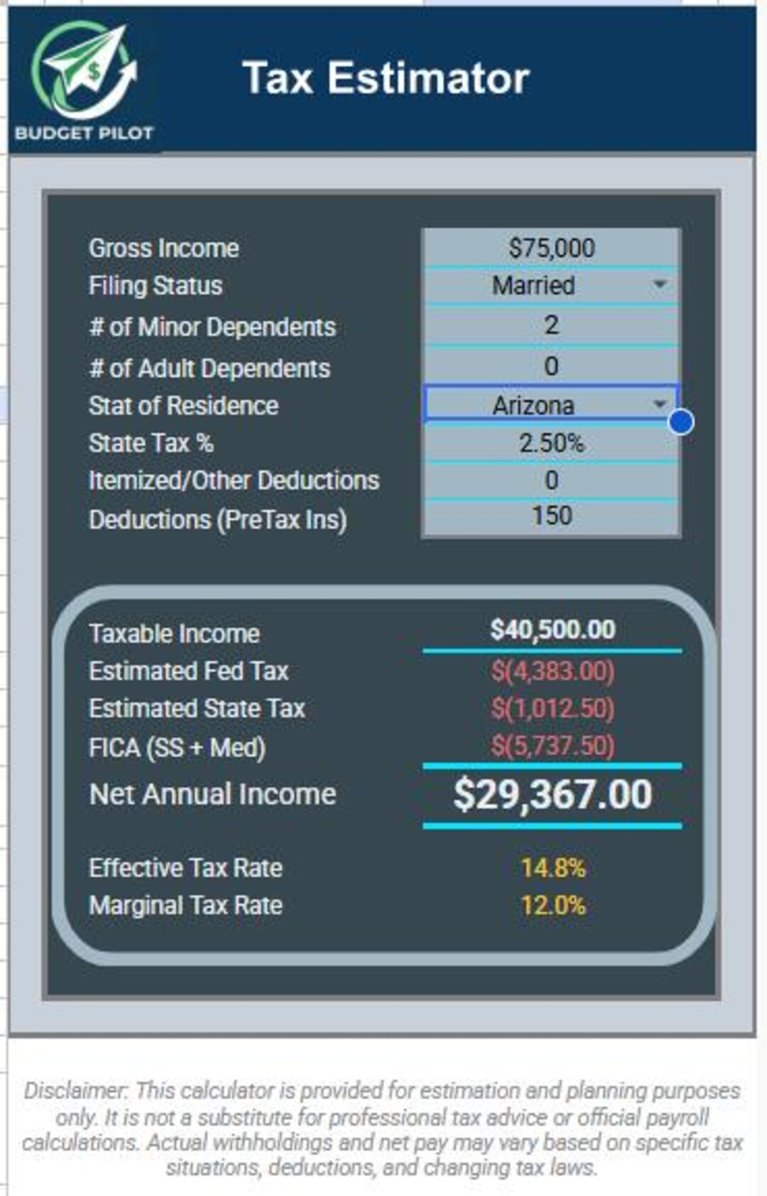 Tax Estimator Google Sheets | Income Bracket Calculator | Income Tax ...