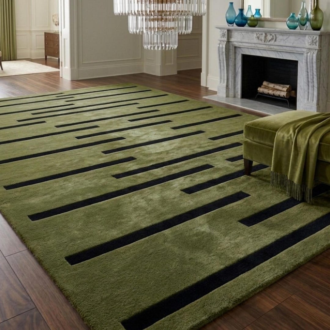 Hand Tufted Wool Area Rug, Green Black Geometric Rug, Modern Abstract ...