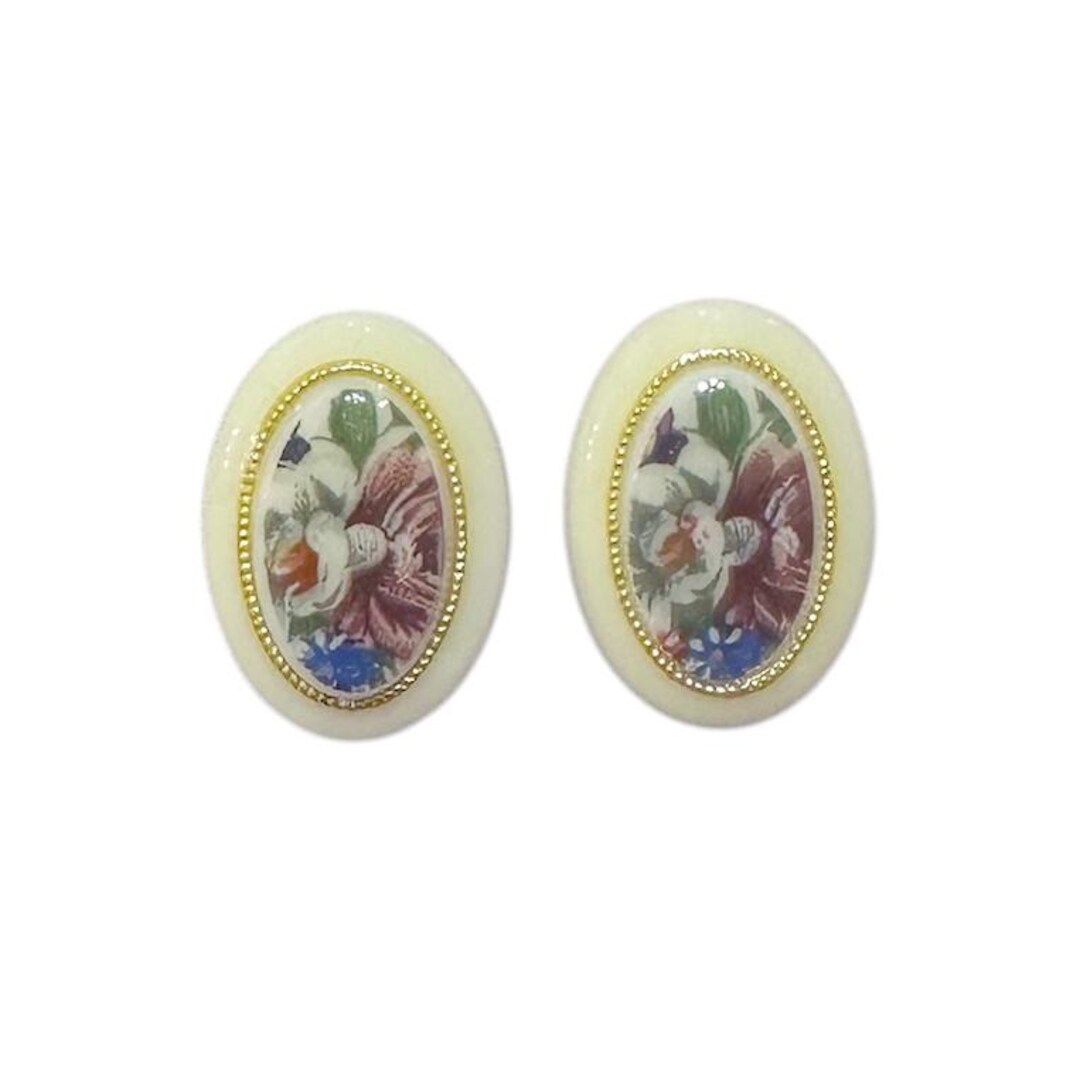 Pair of Vintage German Floral Cameos, Opaque Acrylic, Cream Border ...