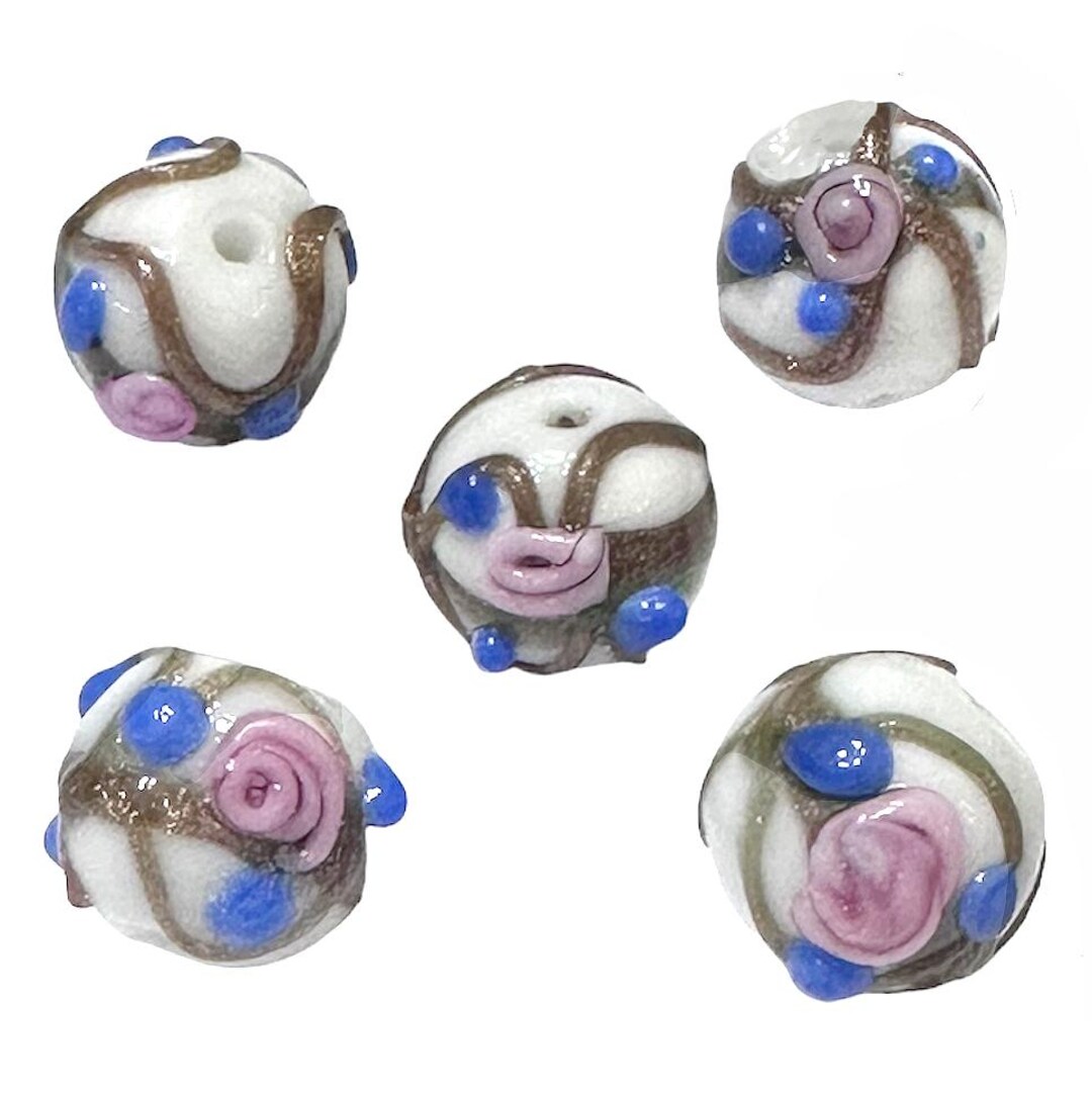 Round Floral Lampwork Wedding Cake Beads, 5 Pieces, Glass Beads, White ...