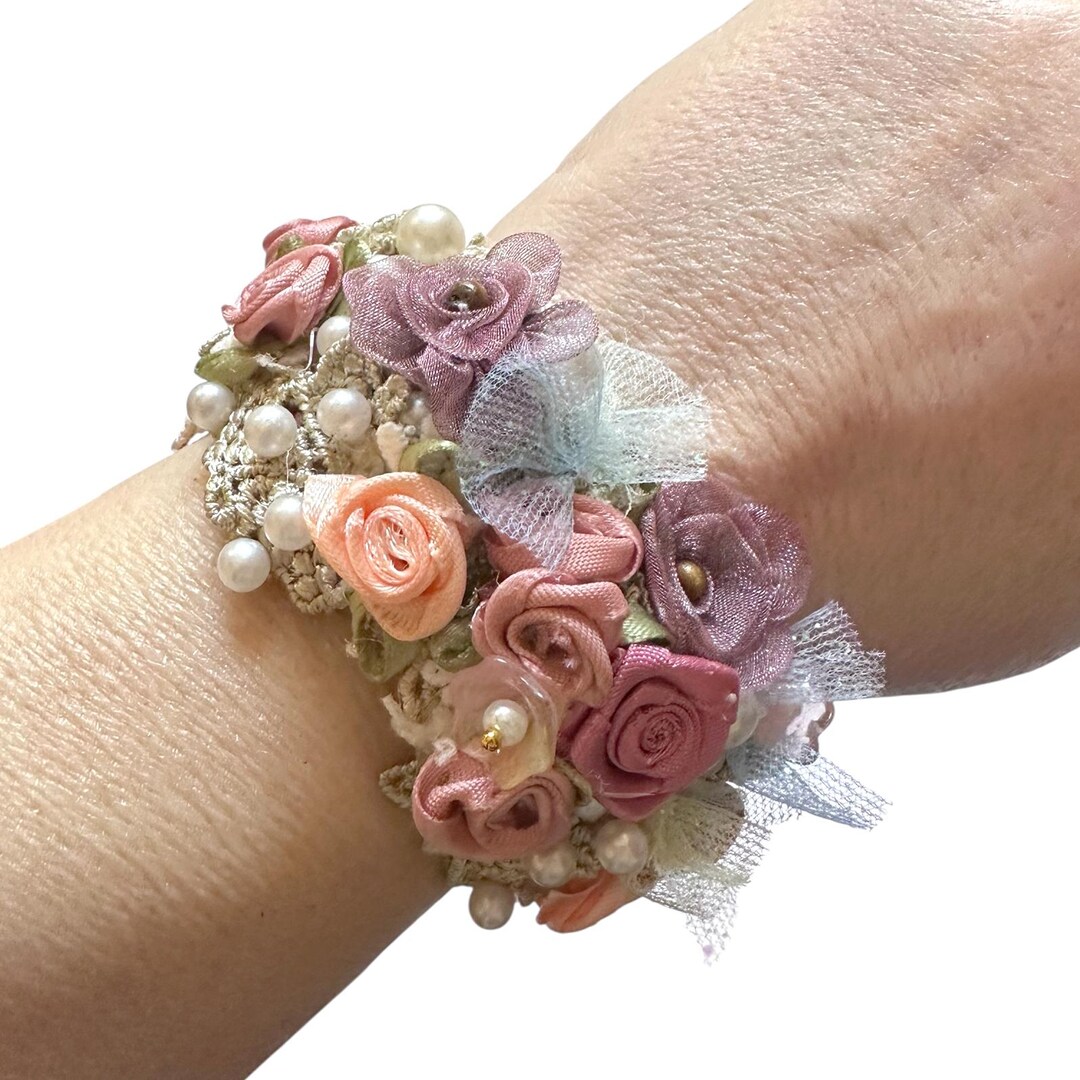 Handmade Lace Floral Cuff Bracelet by B'sue, Brass Base, Ribbon ...