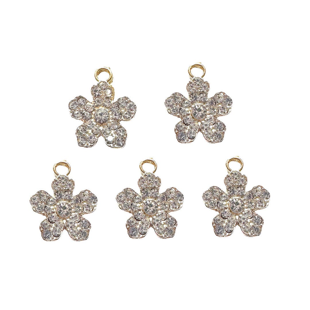Set of 5 Clear Crystal Flower Charms or Pendants, Gold Plated Zinc ...