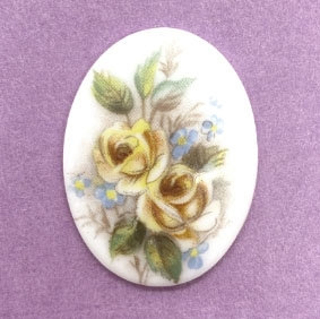 Vintage German Decal Cameo, Porcelain Cameo, Yellow Roses on Porcelain ...