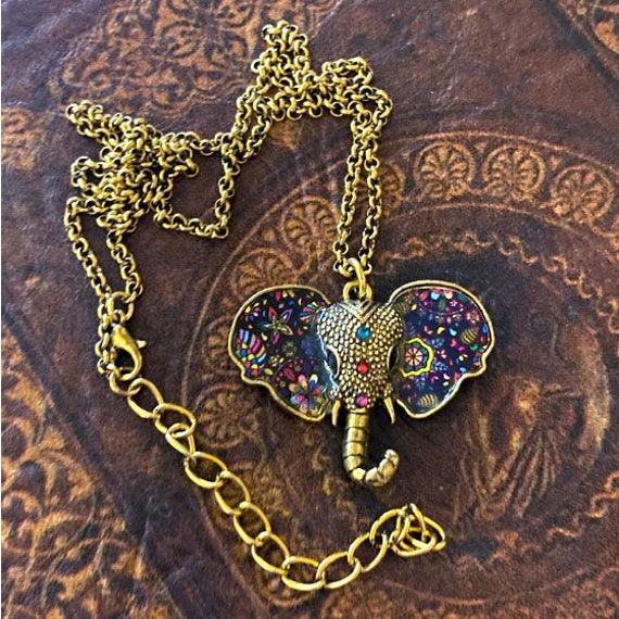 Colorful Elephant Necklace on Rolo Chain Antique Gold Plated - Etsy