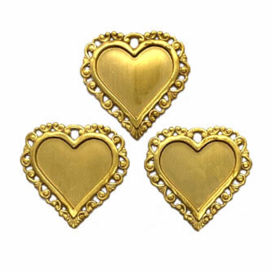 Set of Three Brass Heart Pendants Inlay Heart Raw Unplated - Etsy