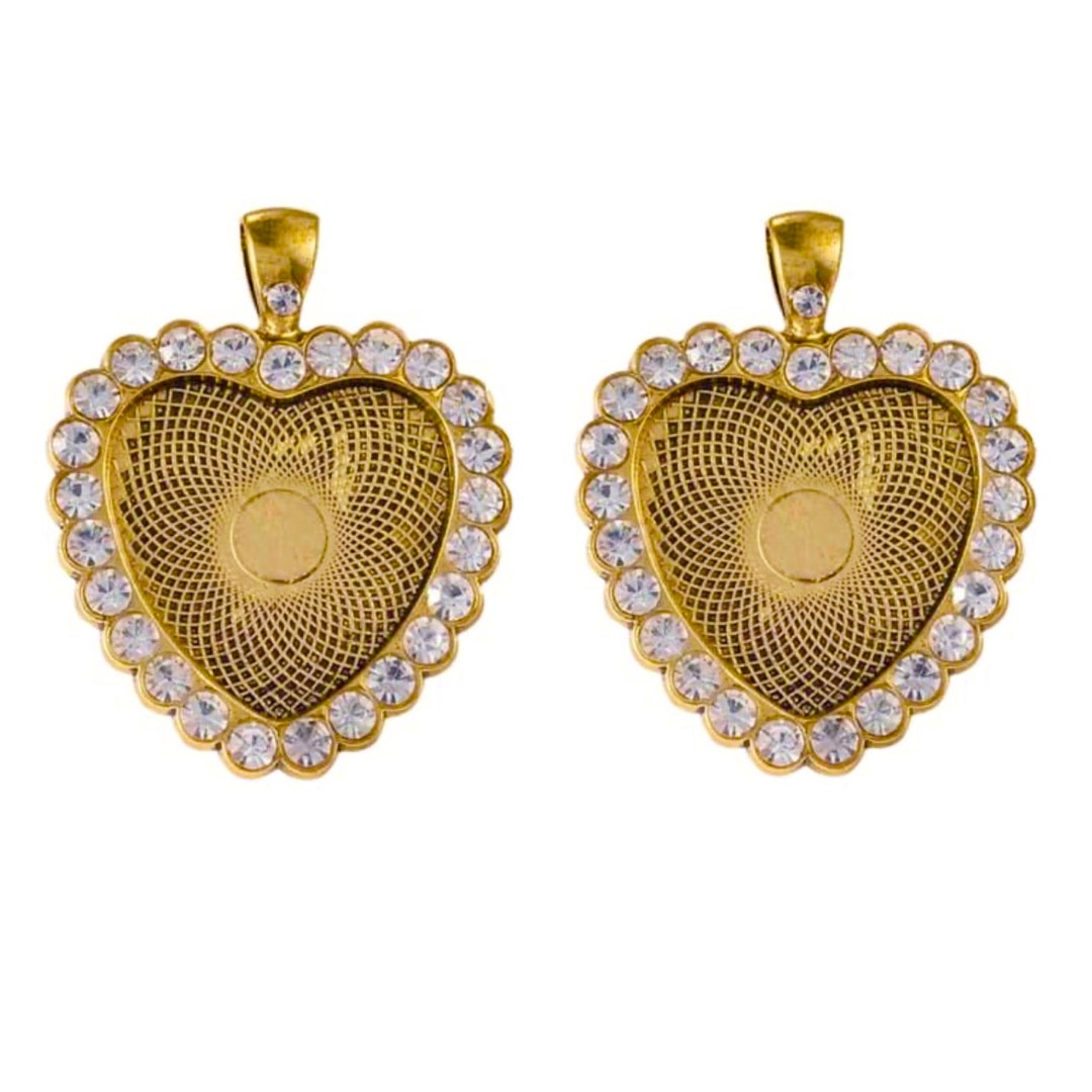 Rhinestone Border Heart Pendant Mounts, 2 Pieces, Cast Zinc, Gold Tone ...