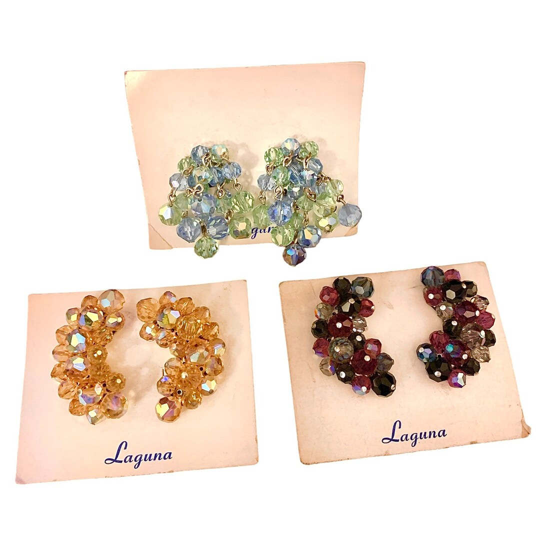 Assorted Vintage Jewelry, Laguna Clip Earrings, Austrian Crystal, 50's 60's Jewelry, 3 Pairs, B ...