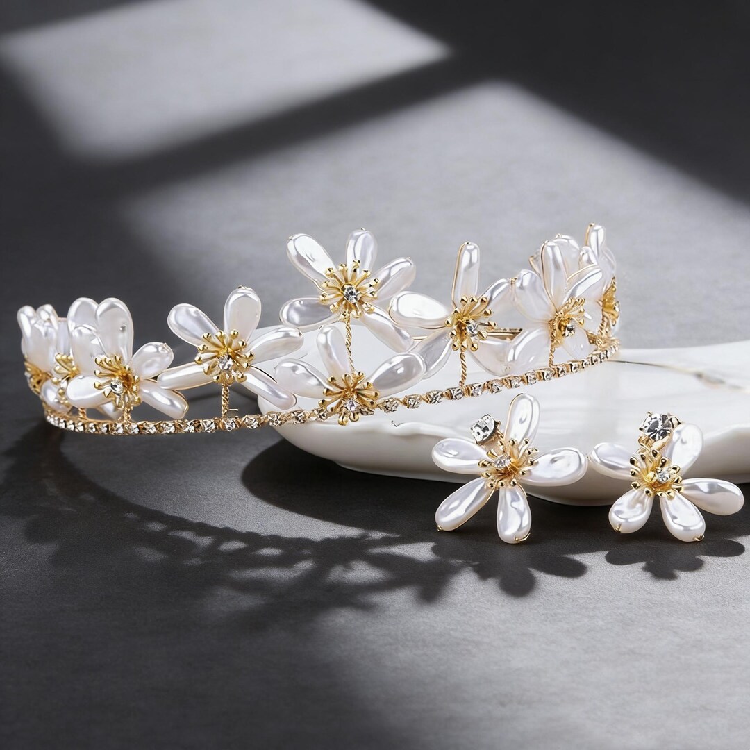 Sparkly Gold Pearl Flower Tiara - Crystal Bridal Crown for Wedding ...