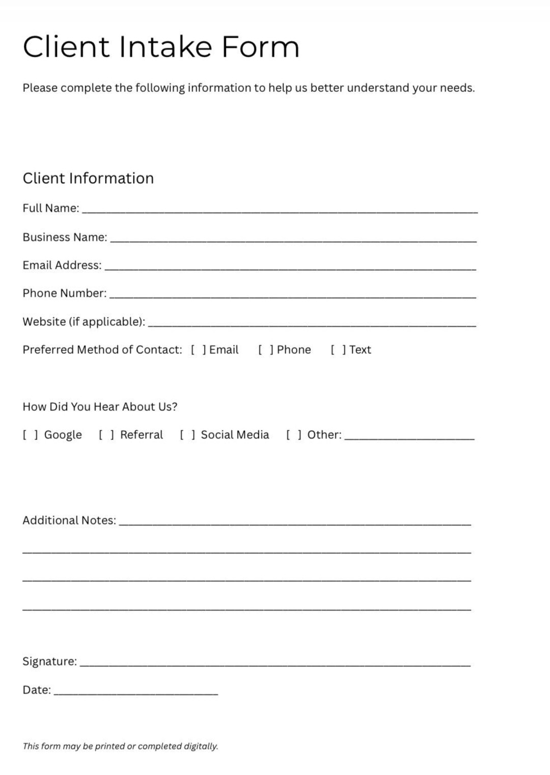 Client Intake Form Printable / Editable Client Information Sheet ...