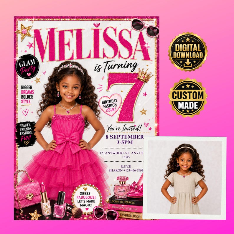 Custom Photo Glam Birthday Invitation, Fashion Party Invite, Girls ...