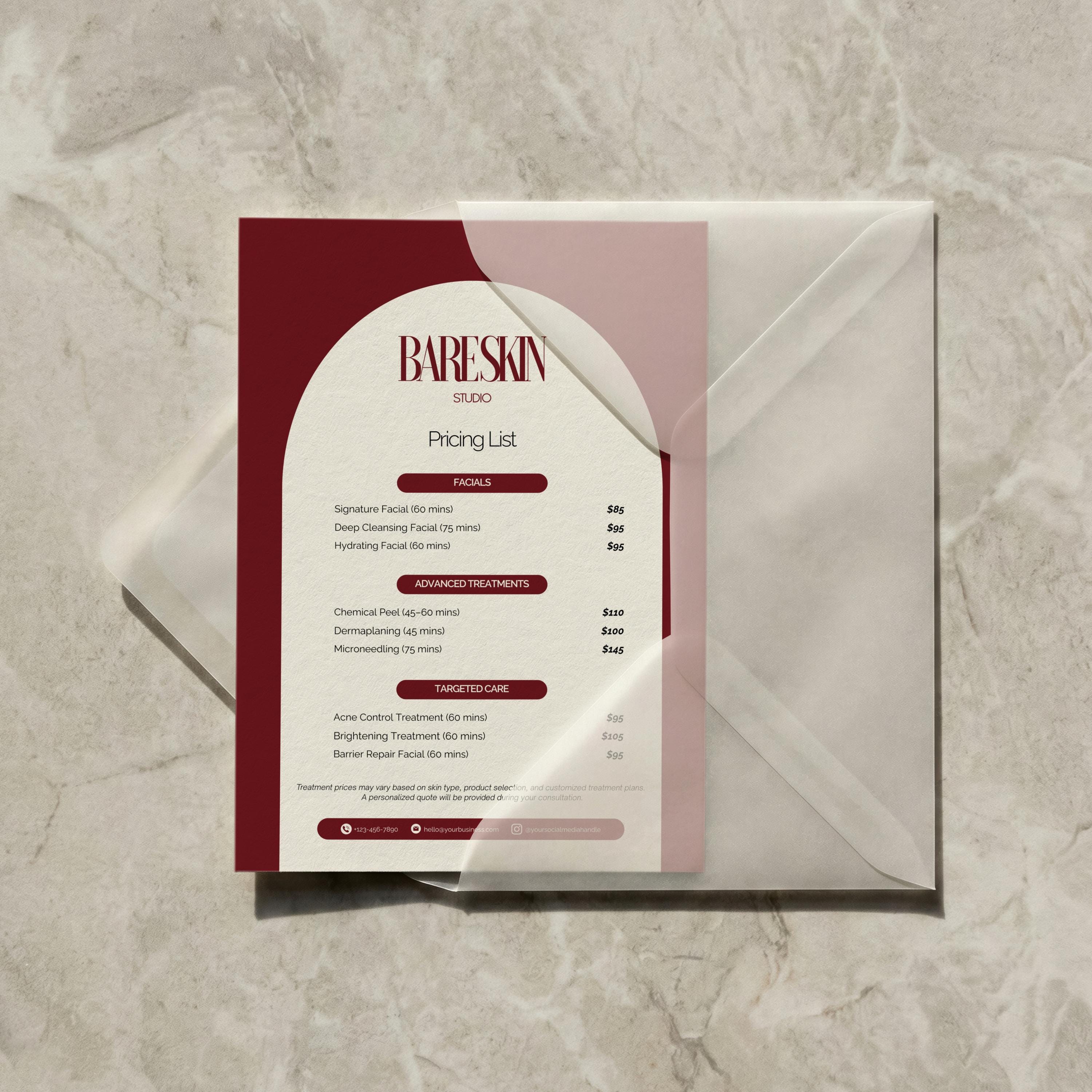 Price List Template | Esthetician Price List Canva Editable | Printable ...