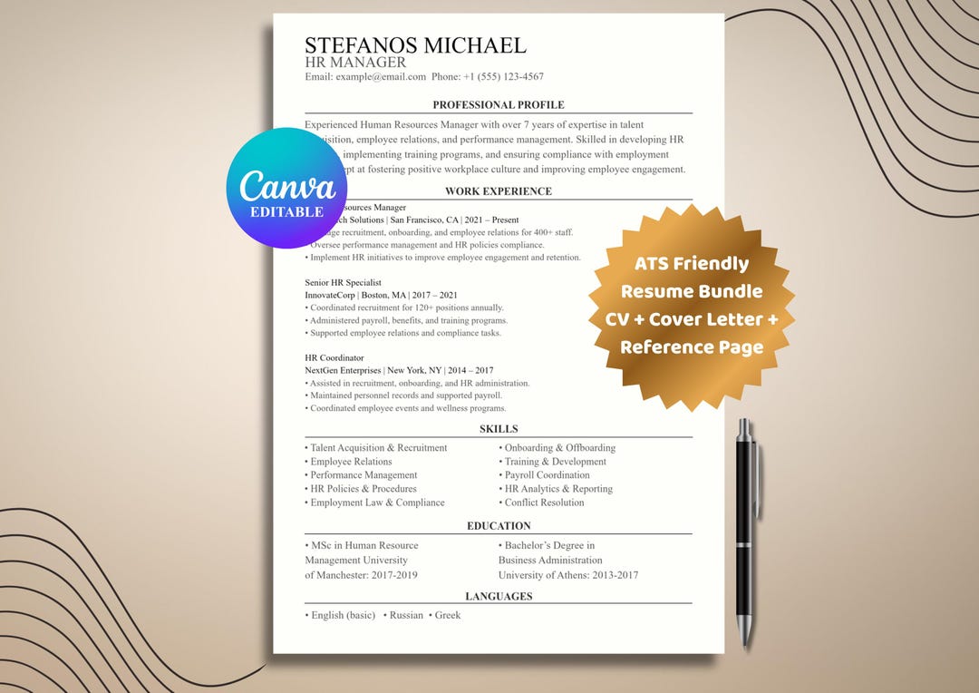ATS Friendly CV Resume Template | Cover Letter & Reference Page ...