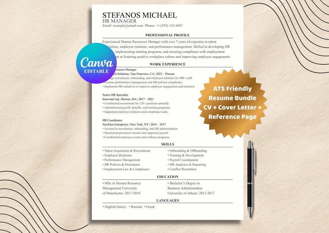 ATS Friendly CV Resume Template | Cover Letter & Reference Page ...