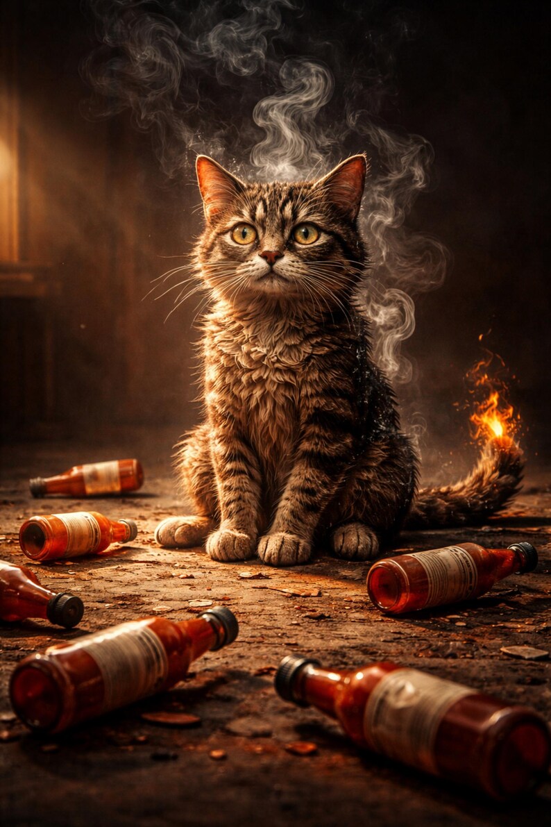 Spicy Cat Art Print • Fiery Feline, Hot Sauce Kitchen Decor (digital ...