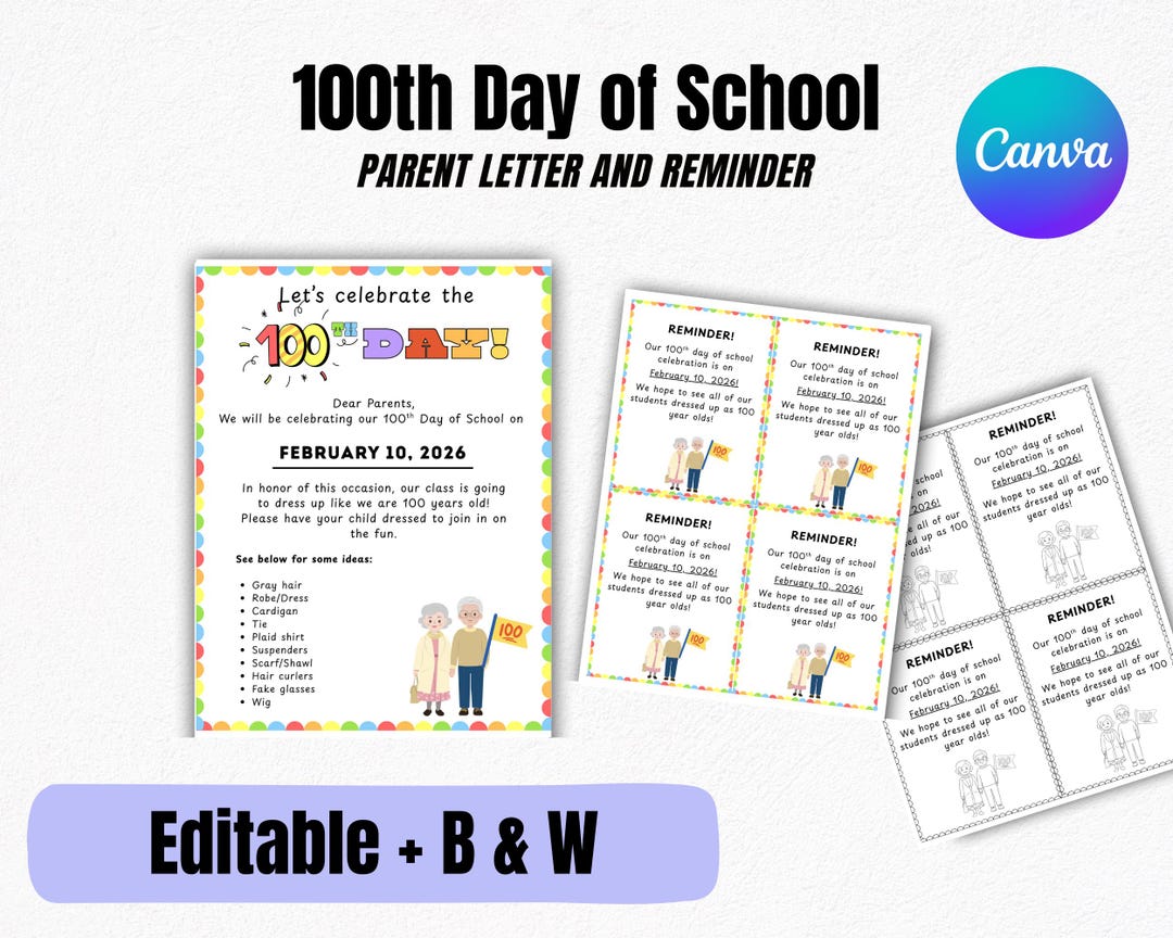 100th Day of School Parent Letter and Reminder Template (canva Editable ...