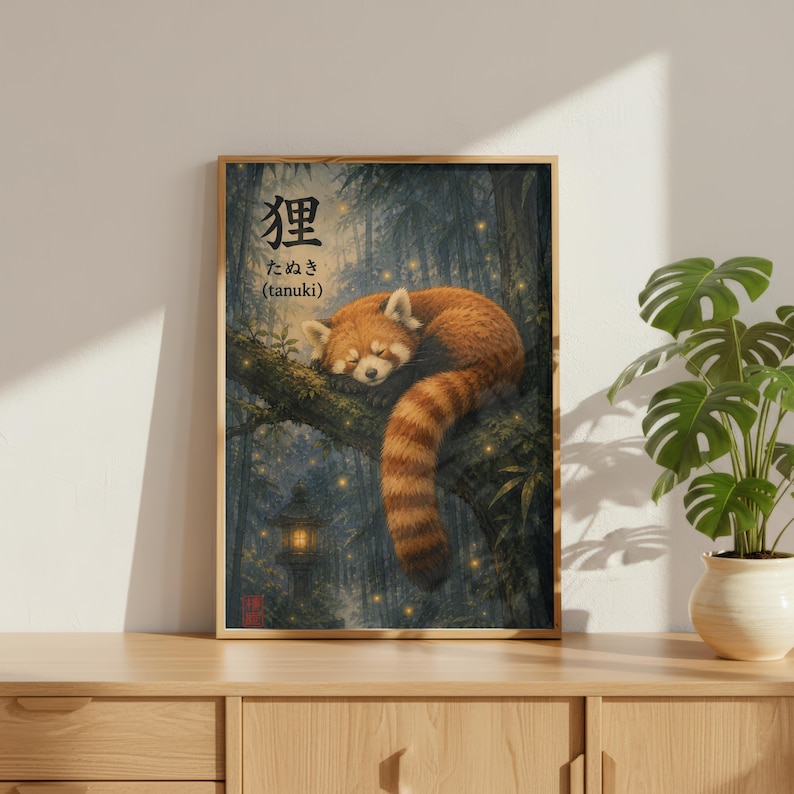 Sleeping Red Panda Japanese Forest Print, Cozy Woodland Animal Wall Art ...