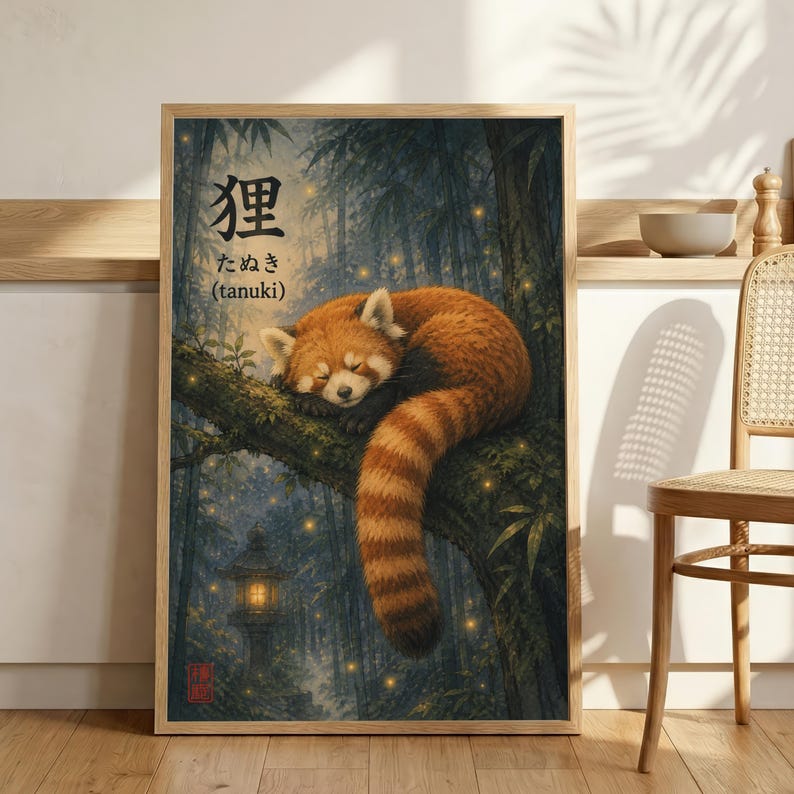 Sleeping Red Panda Japanese Forest Print, Cozy Woodland Animal Wall Art ...