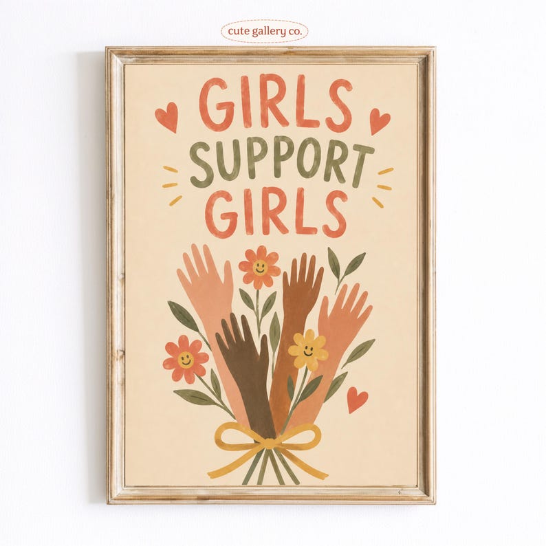 Girls Support Girls Print, Feminist Empowerment Artwork, Folk Art ...
