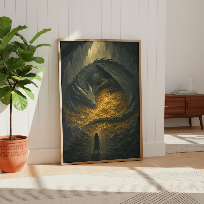 Sleeping Dragon Treasure Print, Epic Fantasy Wall Art, Dark Adventure ...
