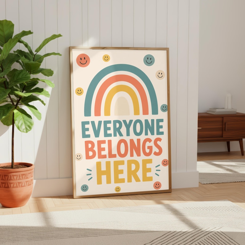 Everyone Belongs Here Print, Retro Rainbow Affirmation Poster ...