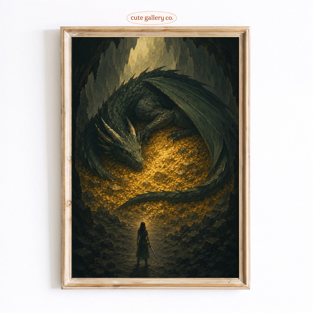 Sleeping Dragon Treasure Print, Epic Fantasy Wall Art, Dark Adventure ...