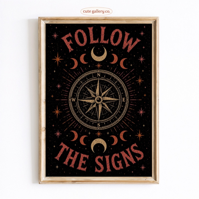 Celestial Compass Print, Mystical Moon Phases, Boho Spiritual Wall Art ...