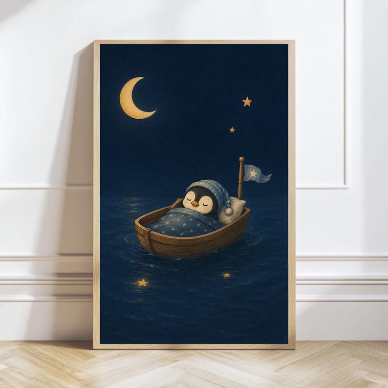 Sleeping Penguin Nursery Print, Moonlit Ocean Bedtime Illustration ...