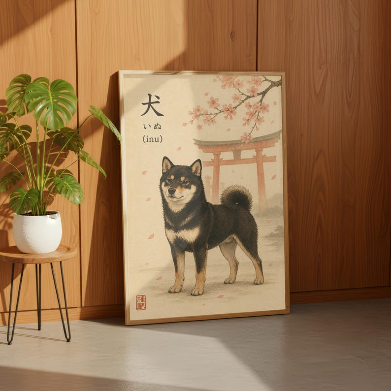 Shiba Inu Japanese Print, Watercolor Cherry Blossom Dog Art, Torii Gate ...