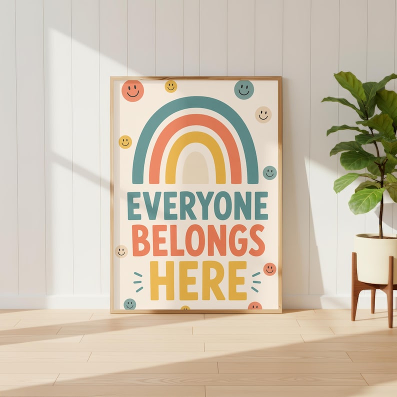 Everyone Belongs Here Print, Retro Rainbow Affirmation Poster ...