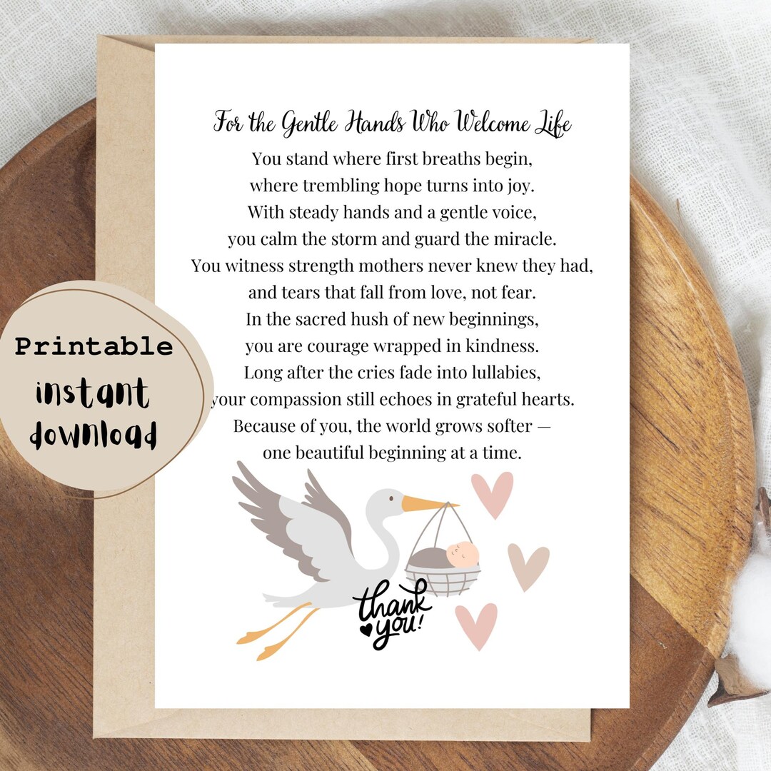 Midwife Appreciation Poem Card Printable – Thank You Midwife Gift ...