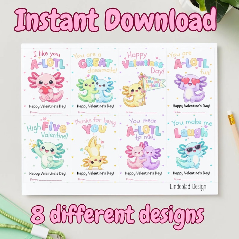 Printable Axolotl Valentines Day Cards | Digital Card | Valentines for ...