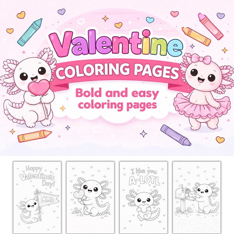Axolotl Valentine Coloring Pages | Kids Printable Valentines Activity ...