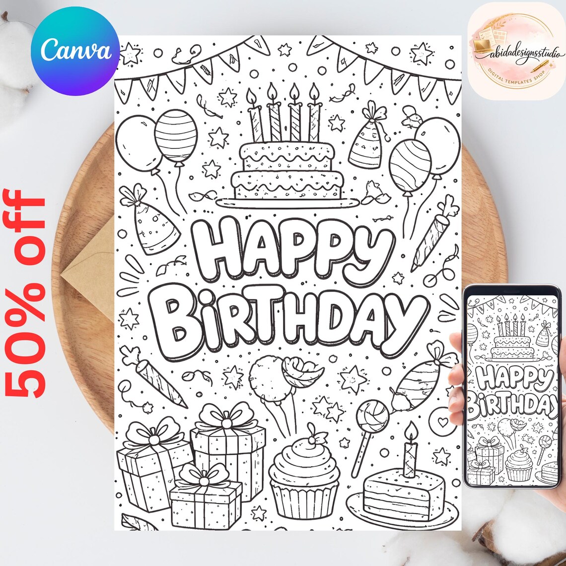 Happy Birthday Coloring Card DIGITAL | Colouring Greeting Card for Kids ...