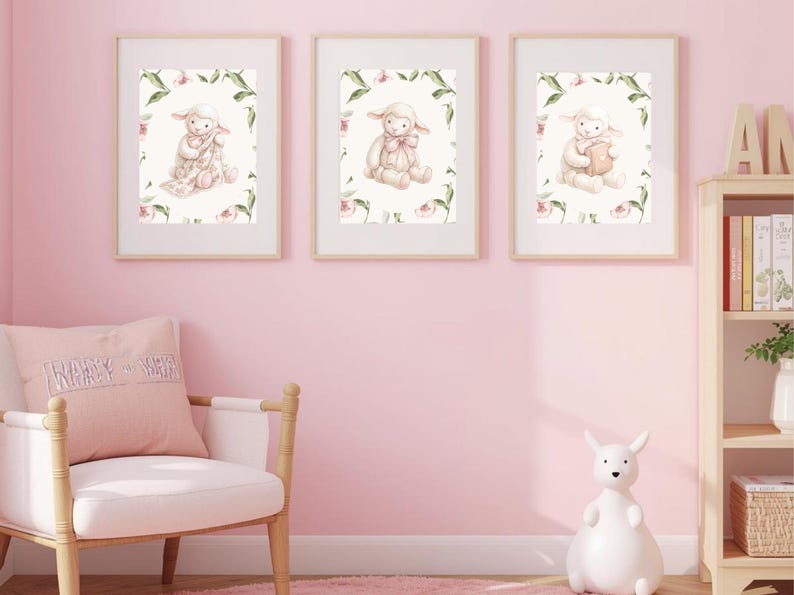 Vintage Lamb Nursery Wall Art Set of 3 | Floral Baby Girl Prints ...